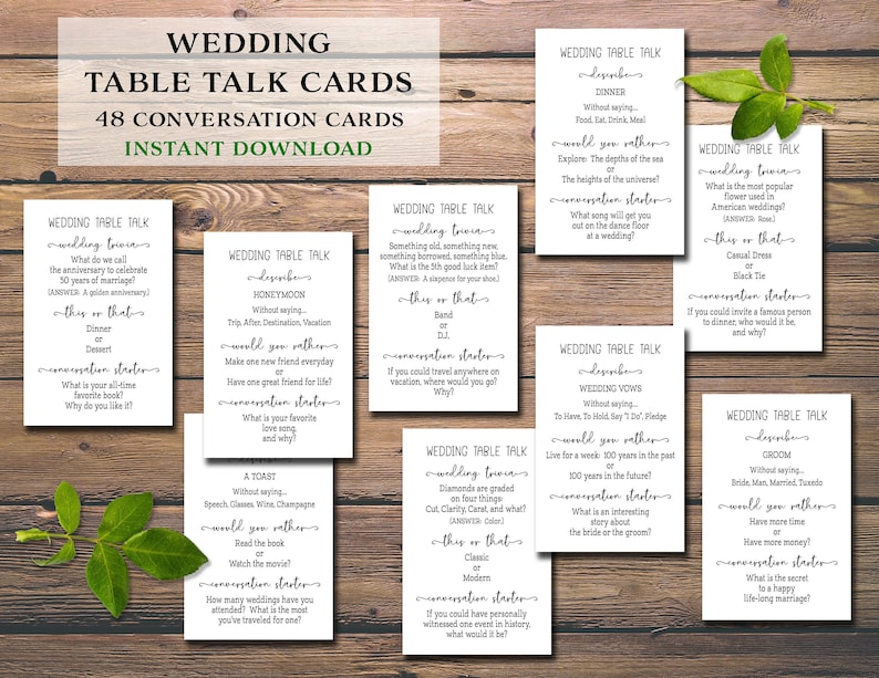 Wedding Table Talk Cards. Reception Dinner Conversation Starters ...