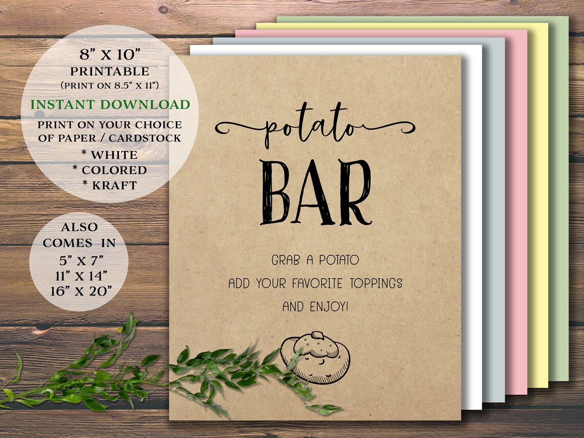 Potato Bar Sign. Instant Download Printable. Baked Potato Decor. Shower ...