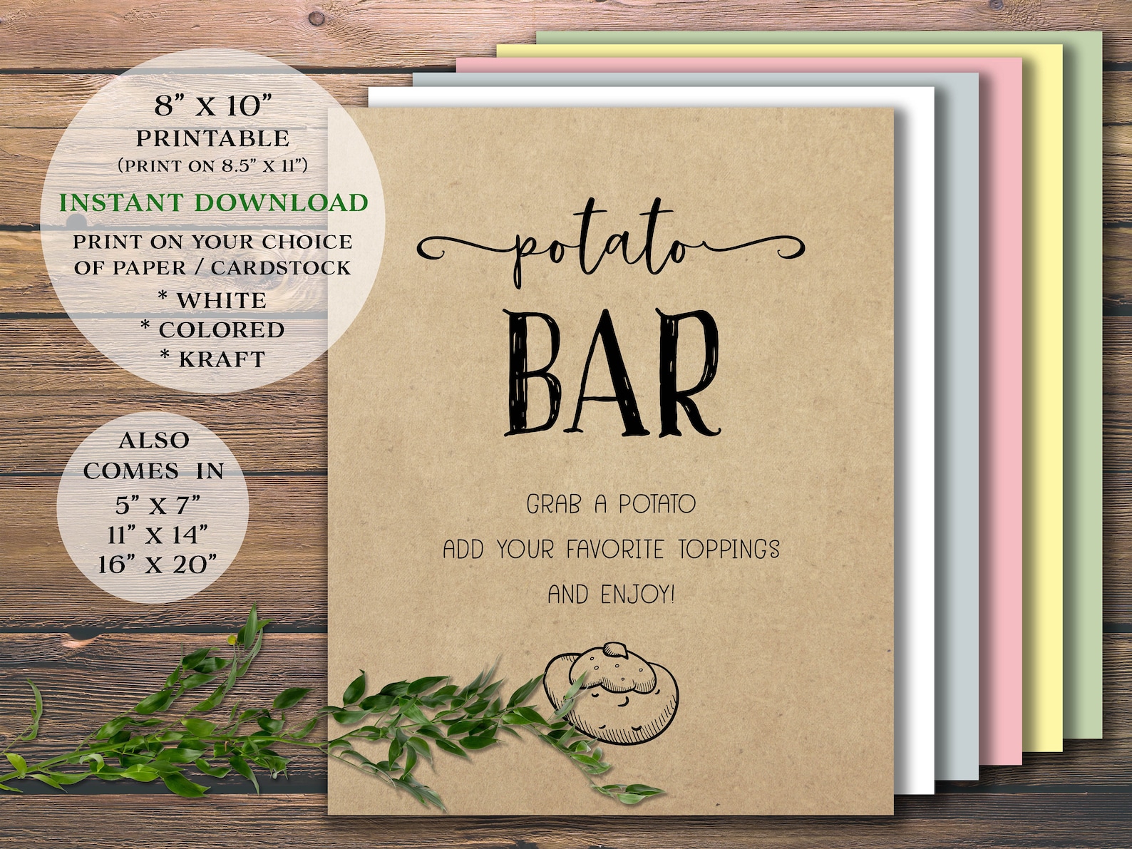 Potato Bar Sign. Instant Download Printable. Baked Potato Decor. Shower ...
