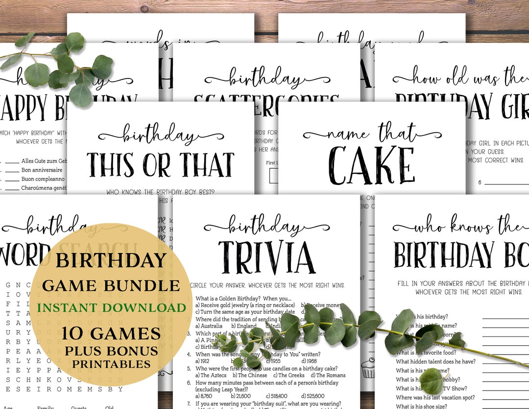 Birthday Party Games Bundle. Instant Download Printable. Trivia, This ...