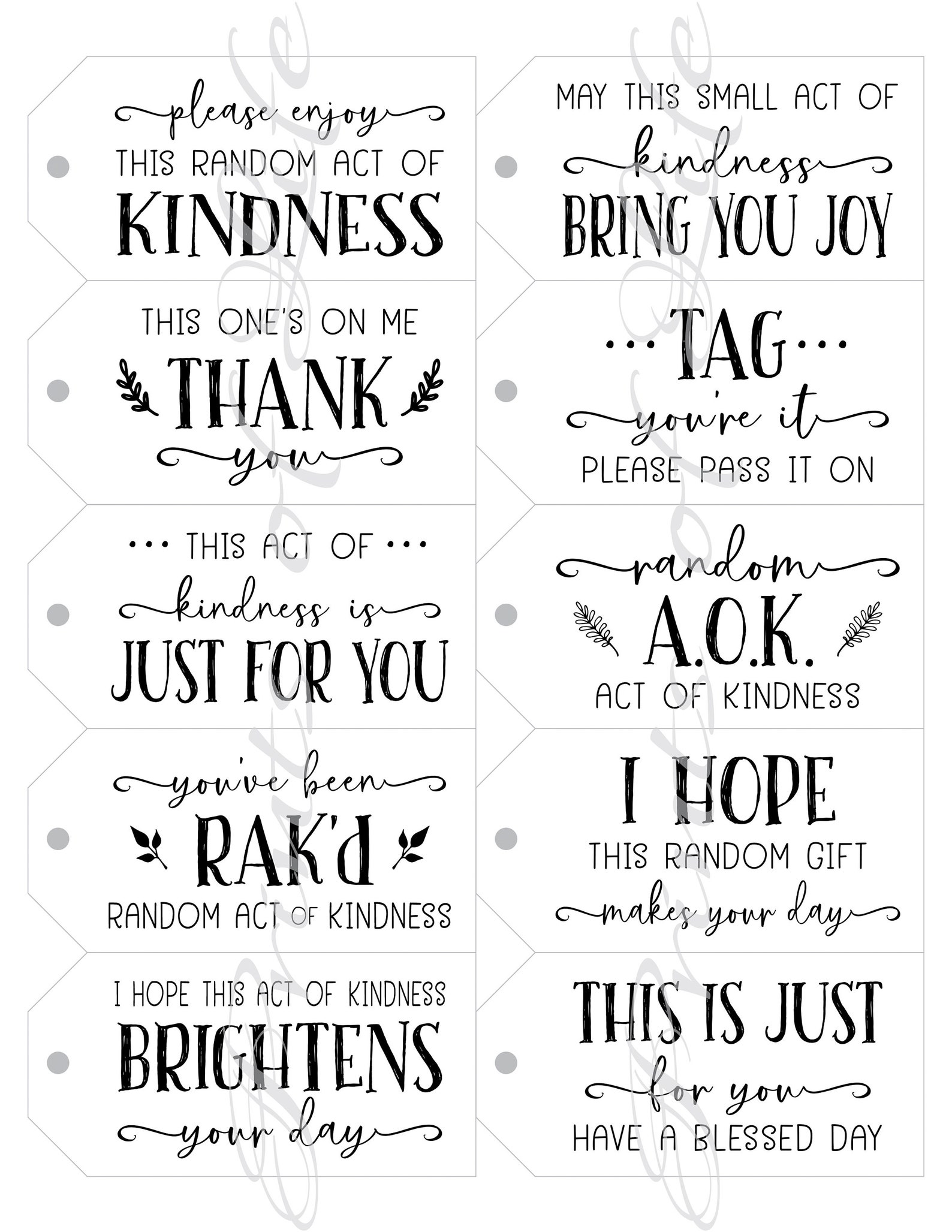 Acts of Kindness Gift Tags. Instant Download Printable. Rustic Labels ...