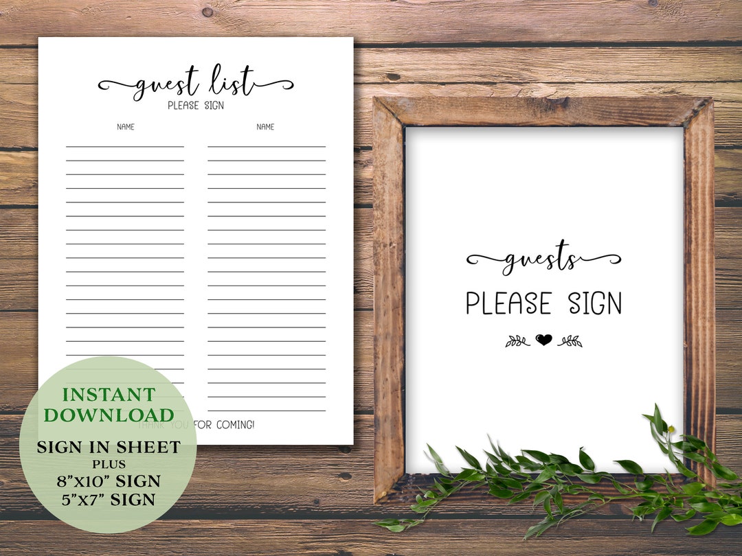 Guest List. Please Sign. Instant Download Printable. Guestbook Print ...