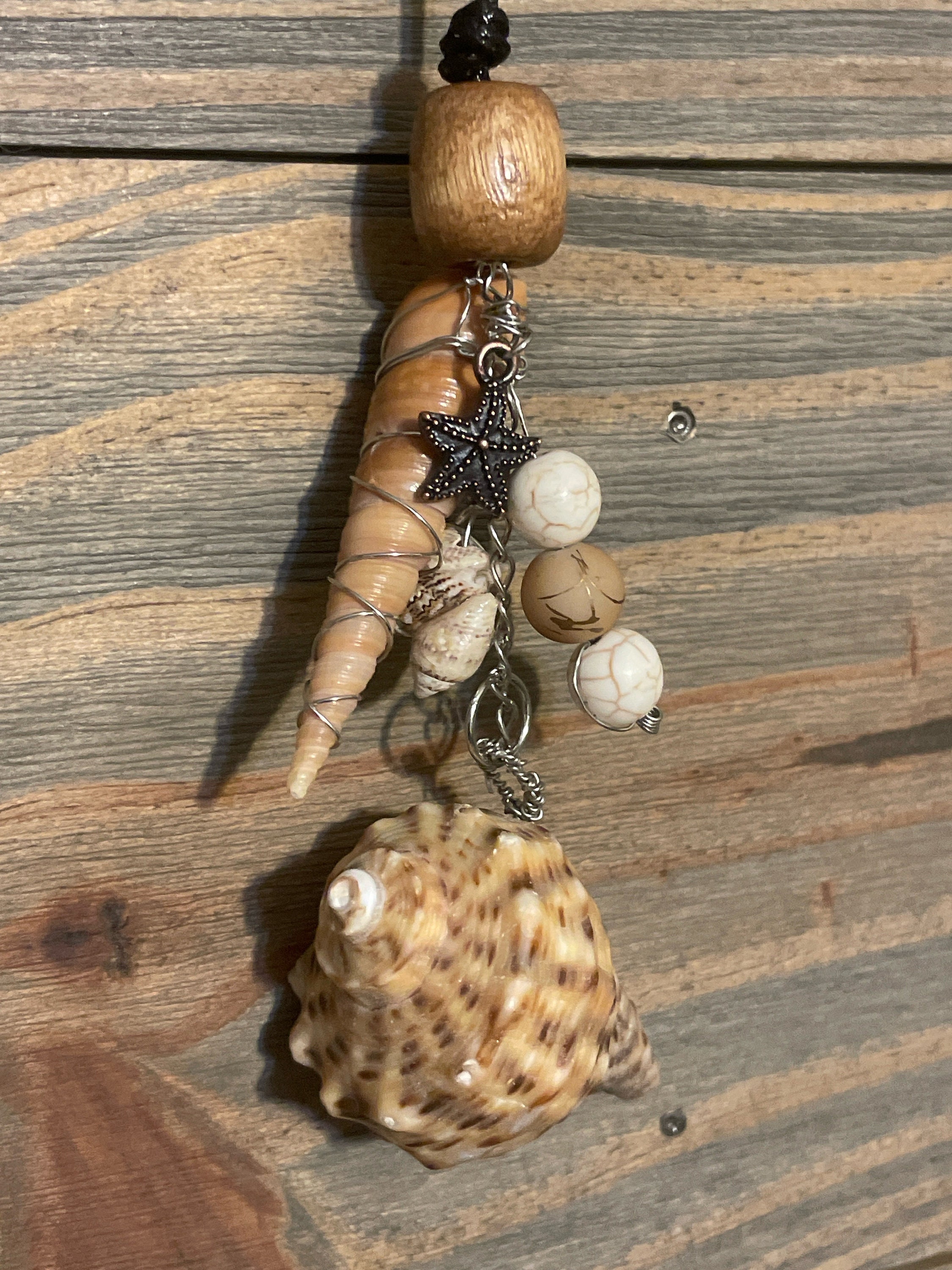 Hanging Car Charm Wirewrapped Shells and Starfish Handmade Beach Bead ...