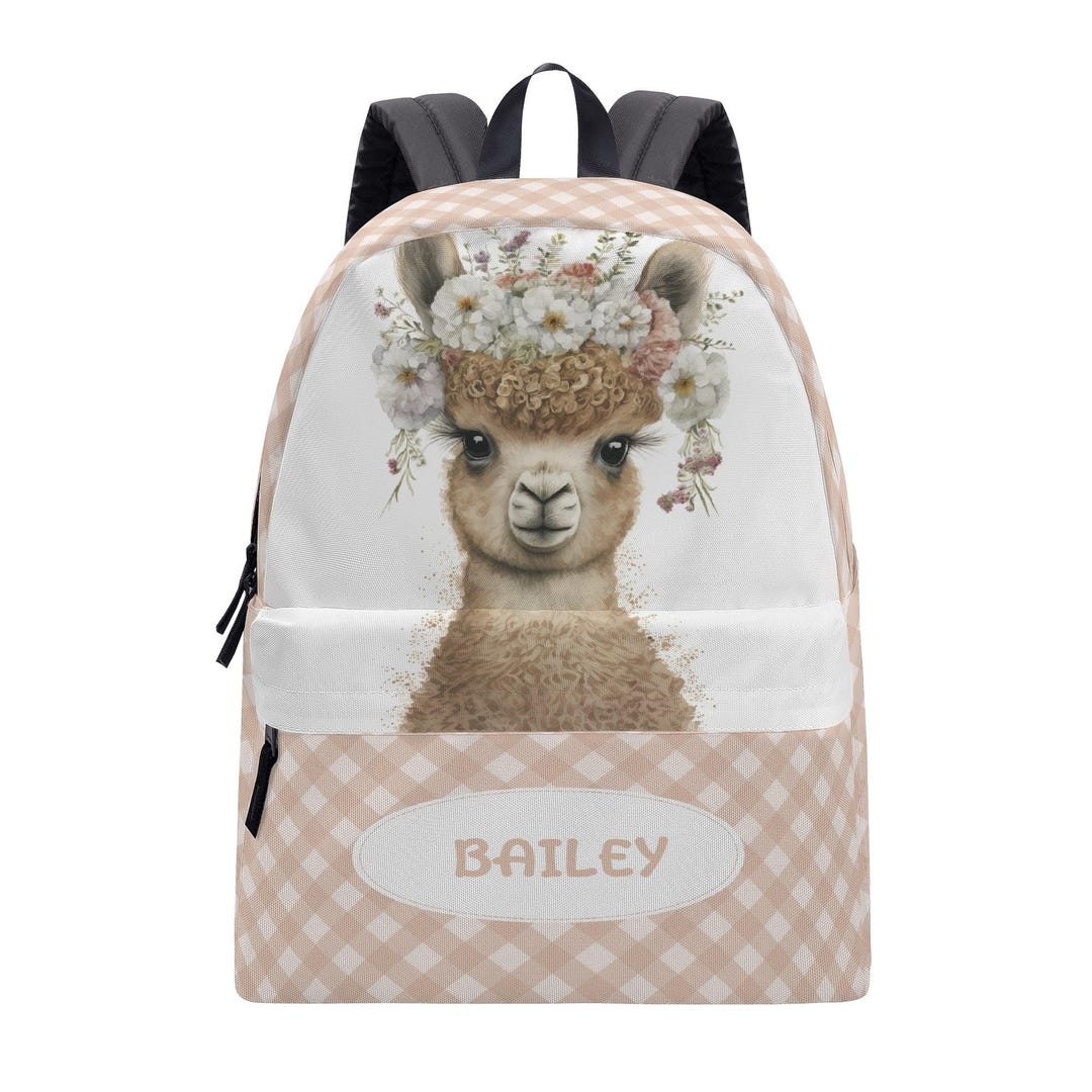 Adorable Personalised Alpaca Backpack With Floral Design and Gingham ...