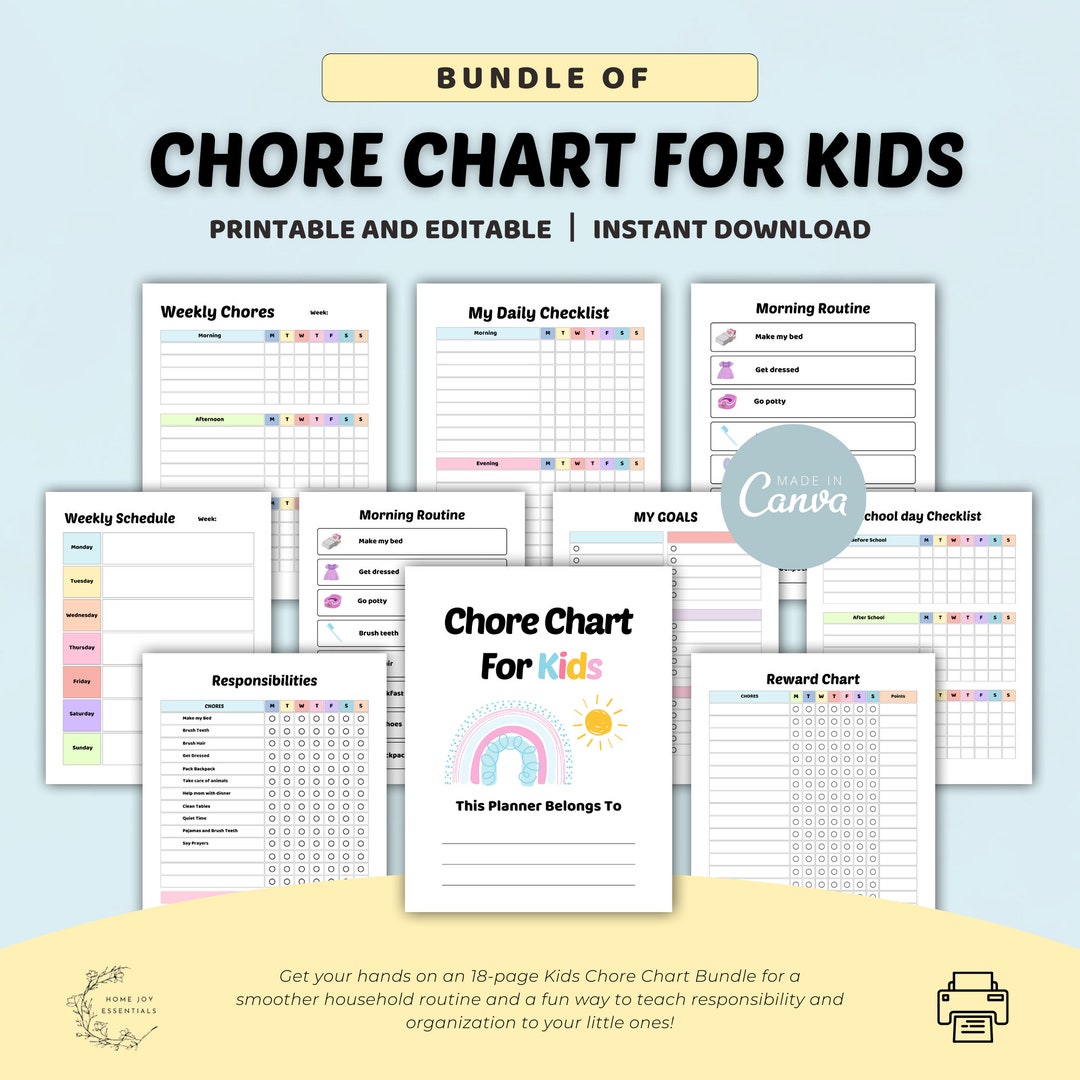 Editable Kids Chore Charts, Reward, Allowance, Screen Time, School ...