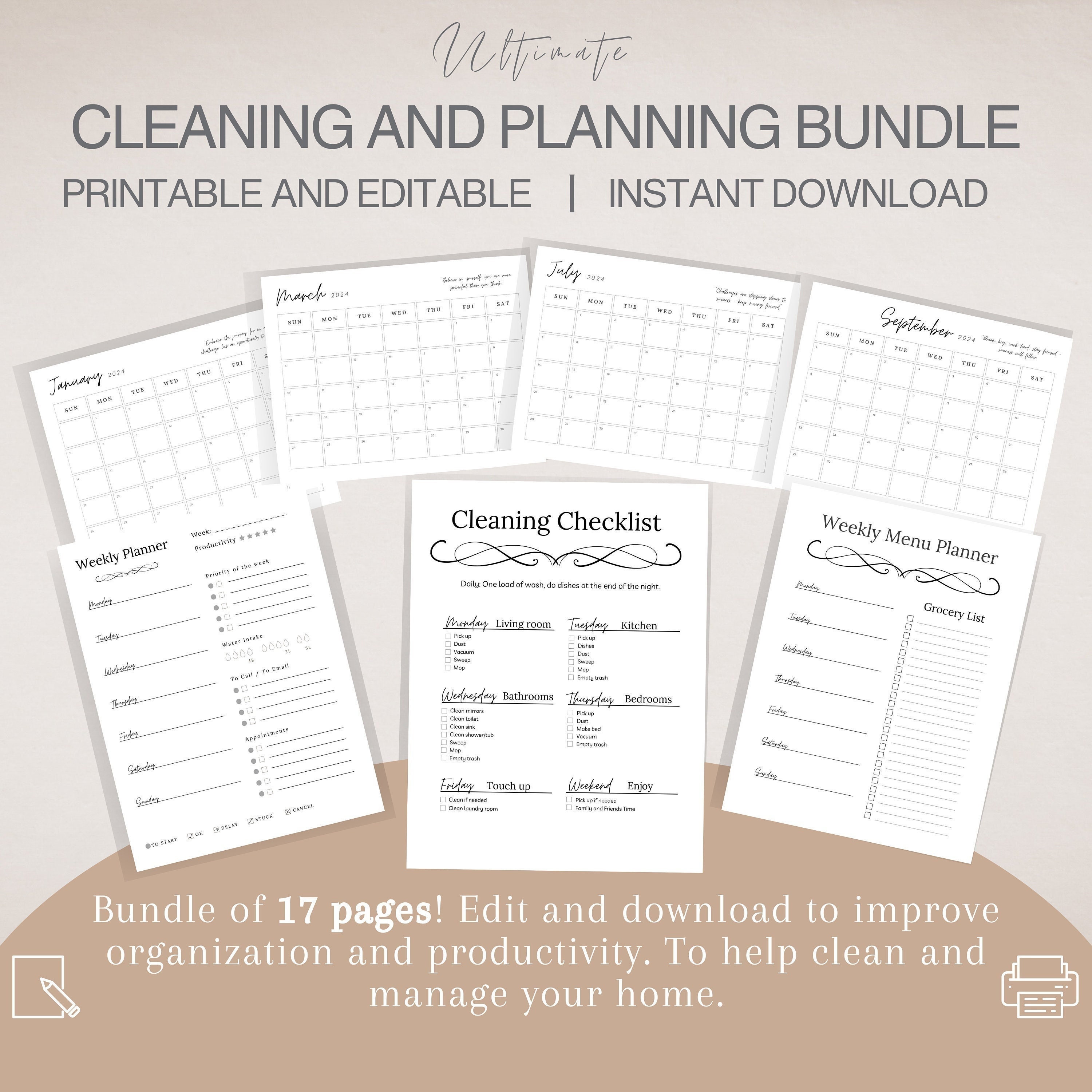 Editable ADHD Cleaning Planner Bundle, Printable, Weekly, Monthly ...