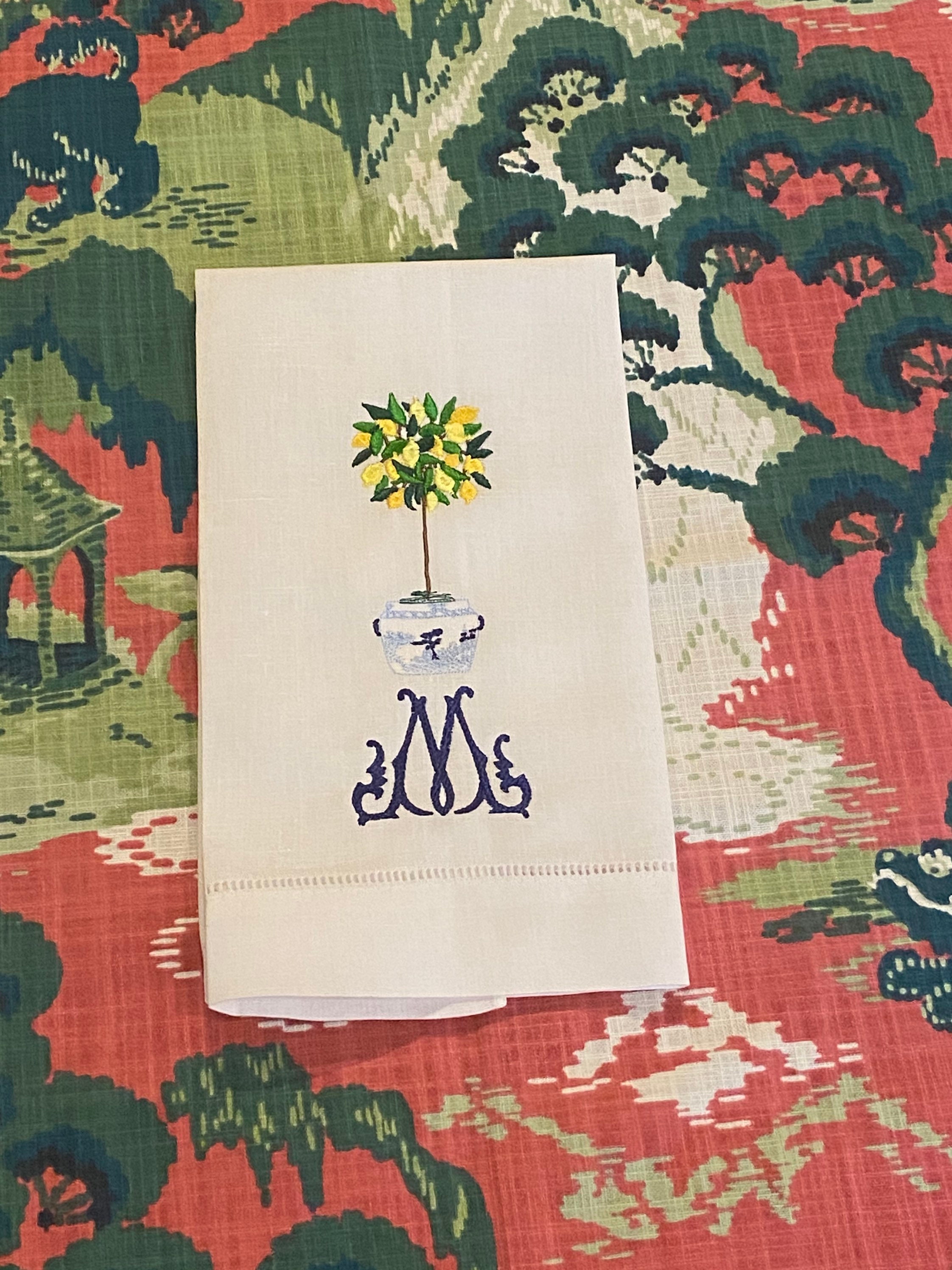 Monogrammed Embroidered Lemon Tree Tea Towel - Linen - Etsy