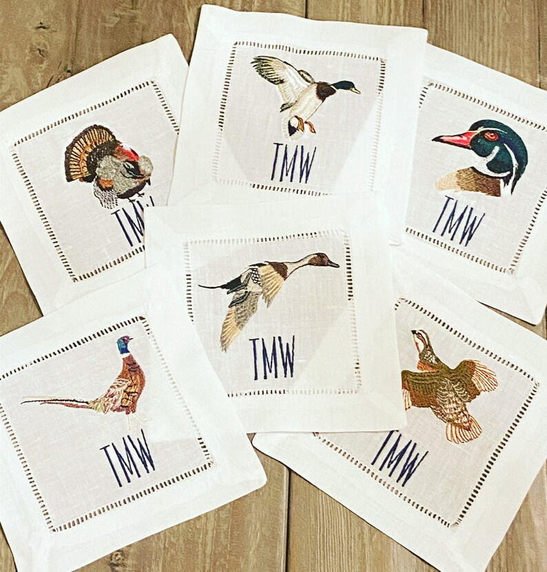 Monogrammed GAME BIRD Cocktail Napkin Set of 4 or 6 | Groomsmen Gift ...