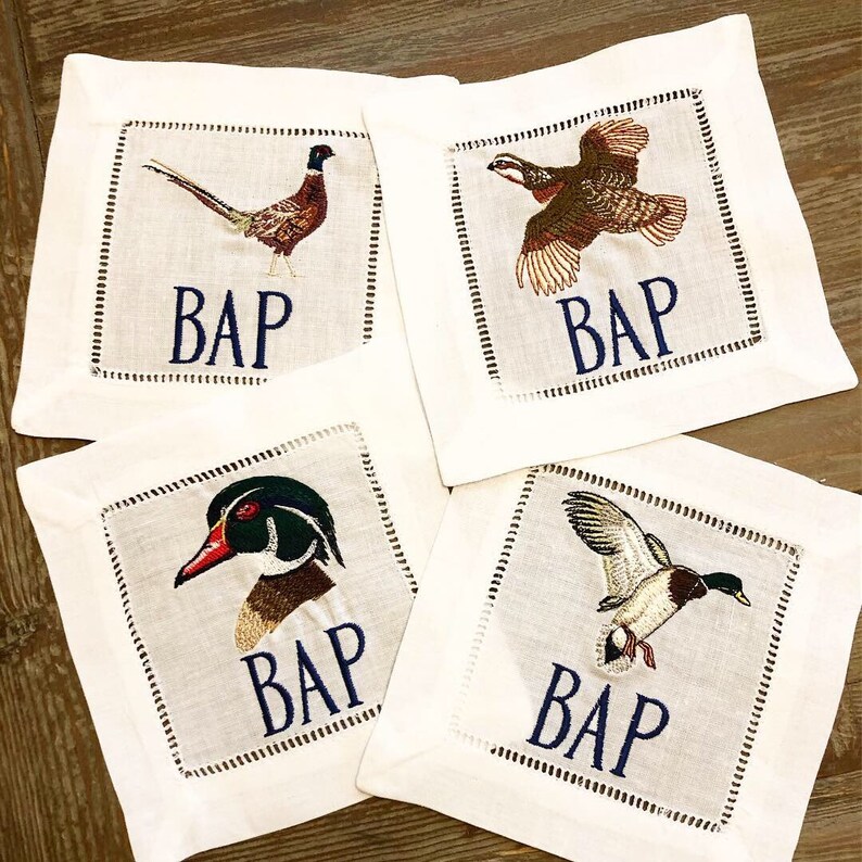 Monogrammed GAME BIRD Cocktail Napkin Set of 4 or 6 | Groomsmen Gift ...
