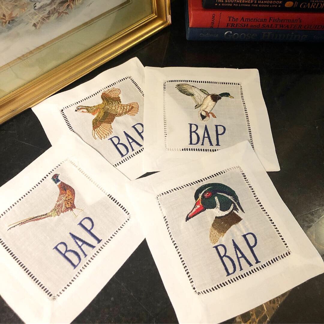 Monogrammed GAME BIRD Cocktail Napkin Set of 4 or 6 | Groomsmen Gift ...