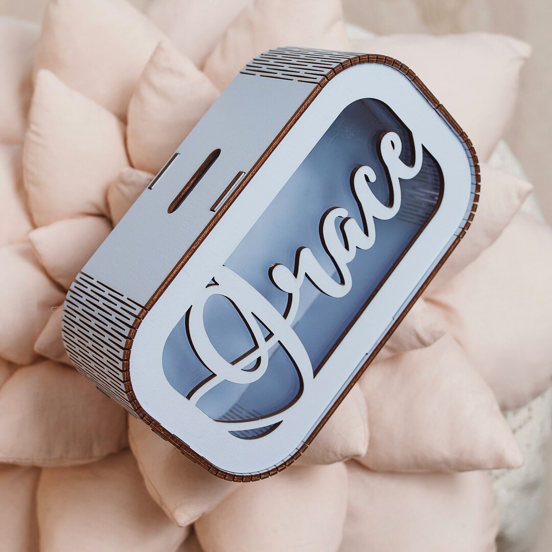 Personalized Wooden and Acrylic Piggy Bank, Baby Shower Gift Box, Coin ...