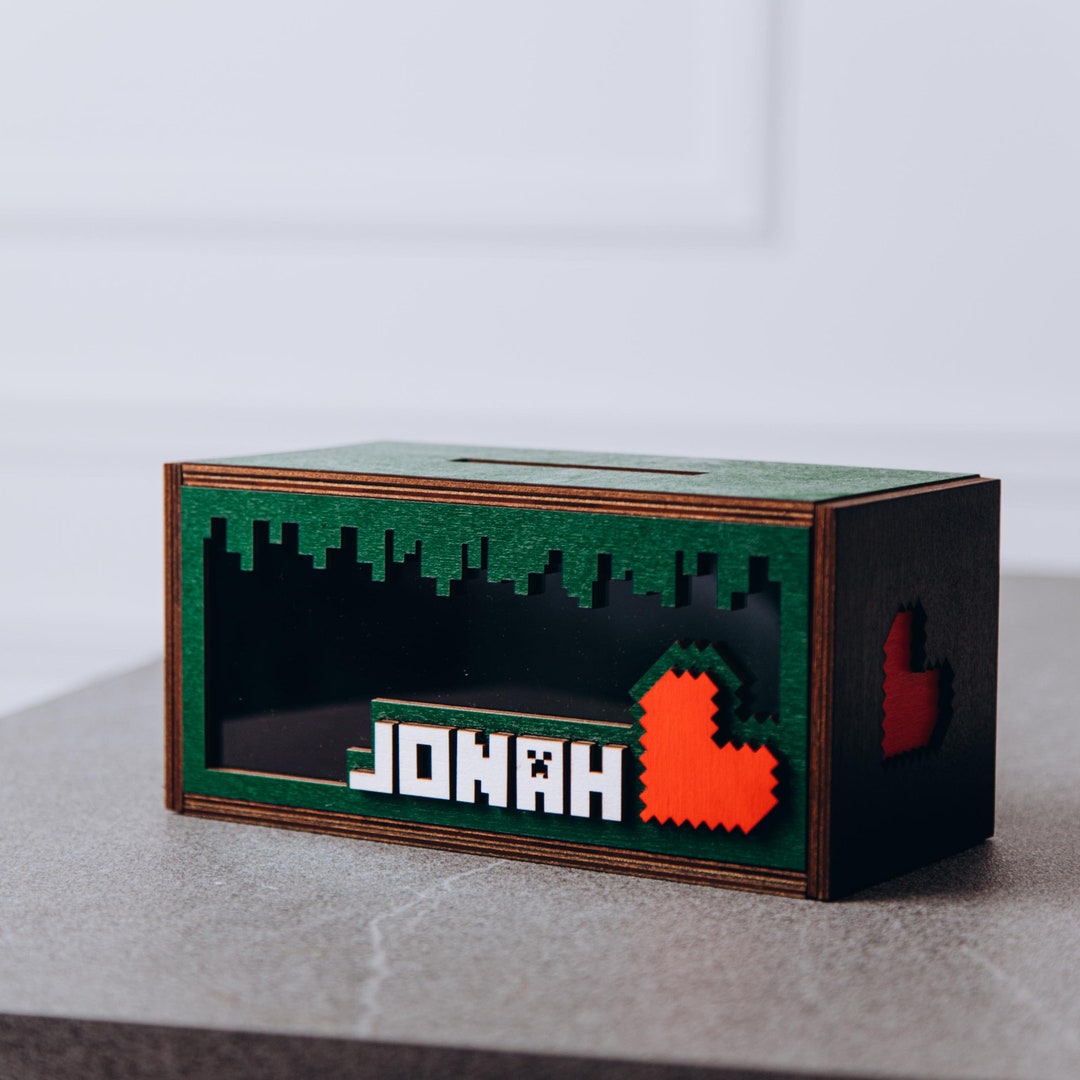 Personalized Kid Minecraft Piggy Bank, Gamer Gifts Box, Wooden Coin ...