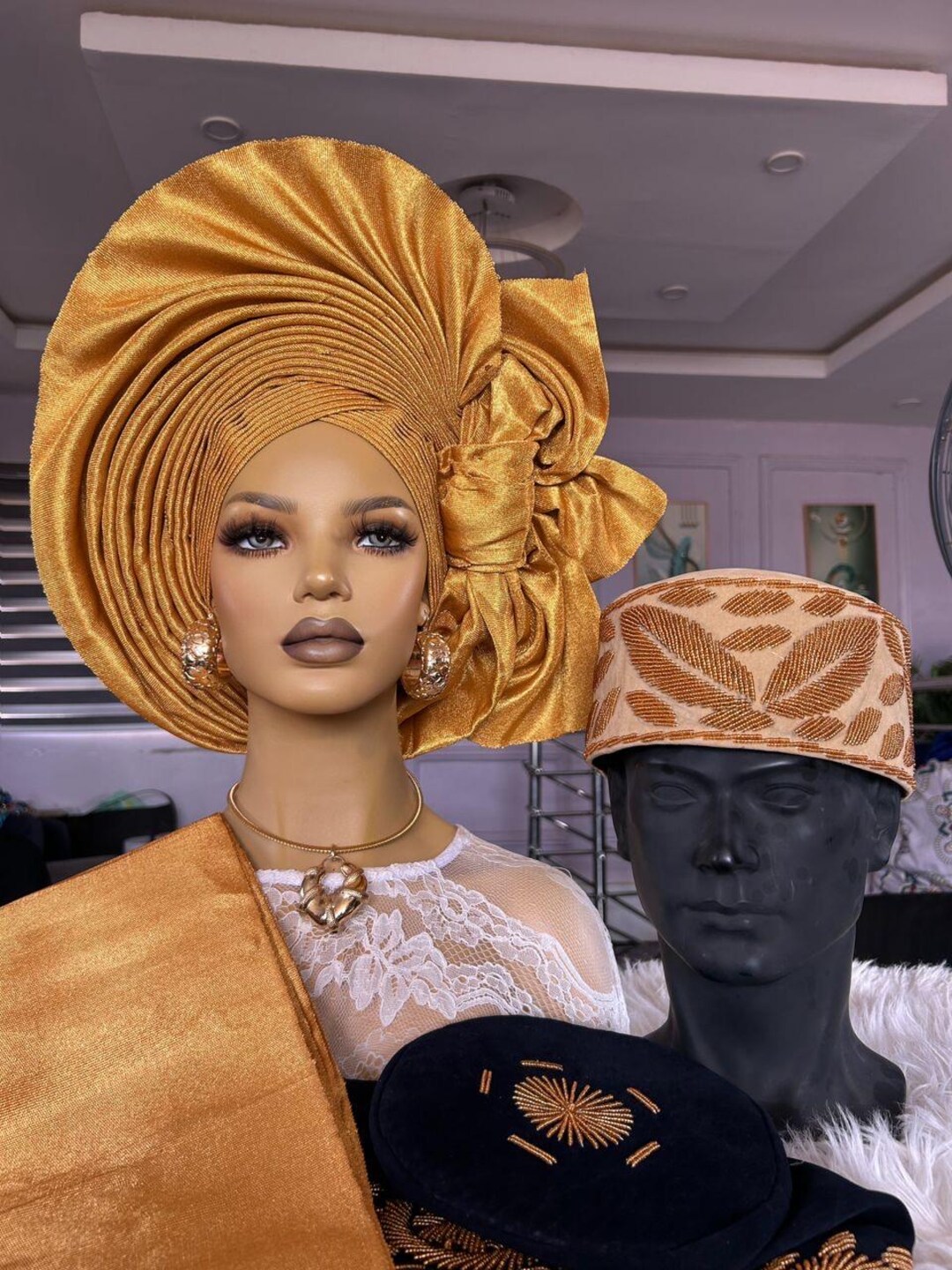 Basket Aso Oke Auto Gele, Ipele and Fila Ready to Wear Gele, African ...