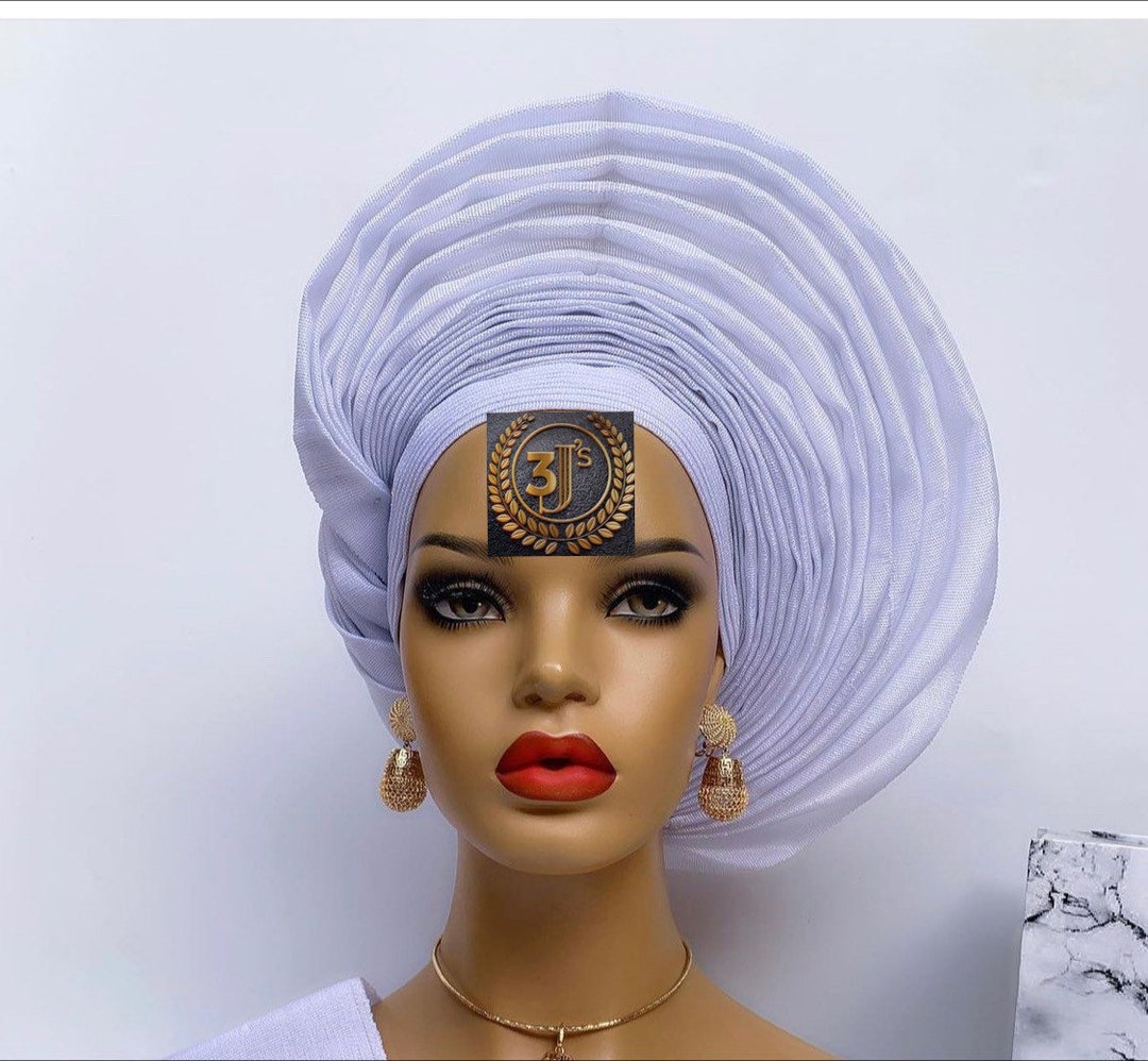 Aso Oke Auto Gele and Shoulder| Prettied Gele, White Gele, Gele for ...