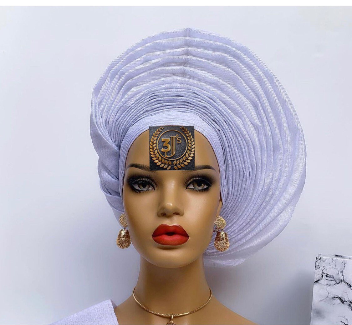 Aso Oke Auto Gele and Shoulder| Prettied Gele, White Gele, Gele for ...