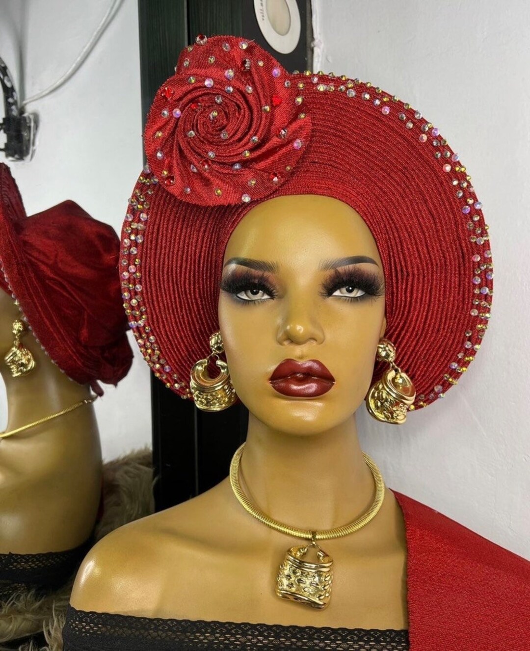 Aso Oke Autogele| Prettied Gele | Nigerian Wedding Gele| Red Gele ...