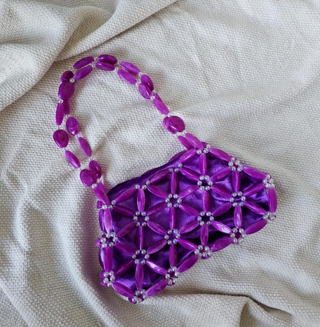 Purple Beaded Bag, Purple Shoulder Bag, Purple Flower Design Beaded ...