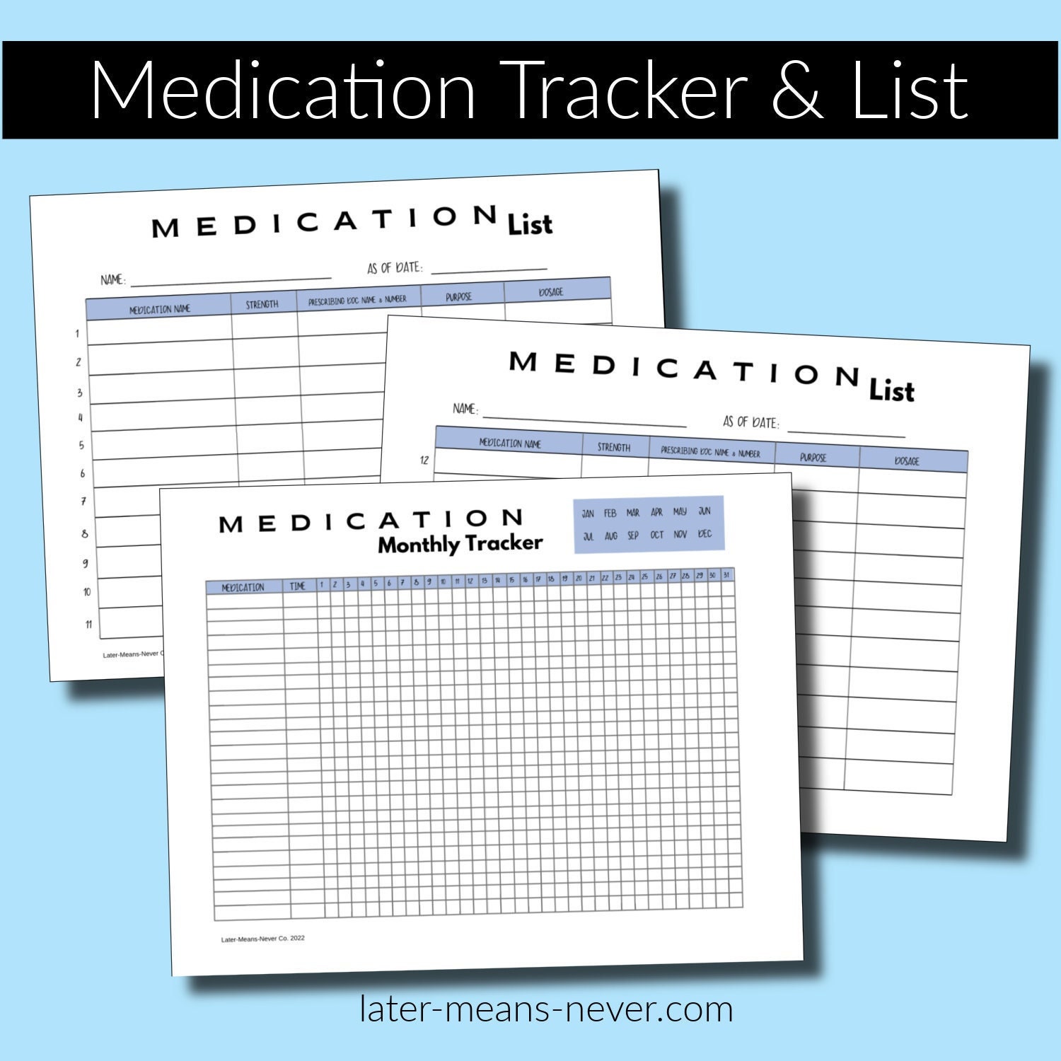 Blue Medication Tracker, Printable Medication List, Medicine Tracking ...