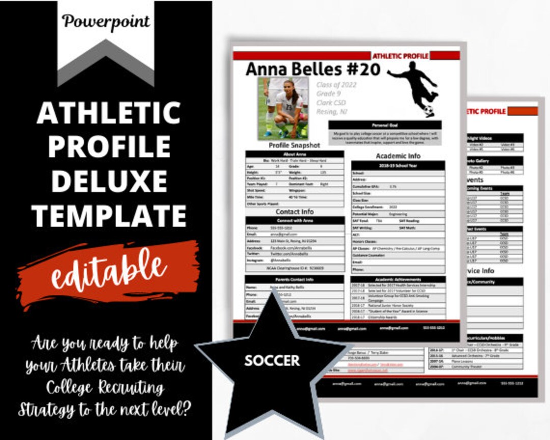 Soccer - Athletic Profile Deluxe Template - BLACK & RED - Etsy