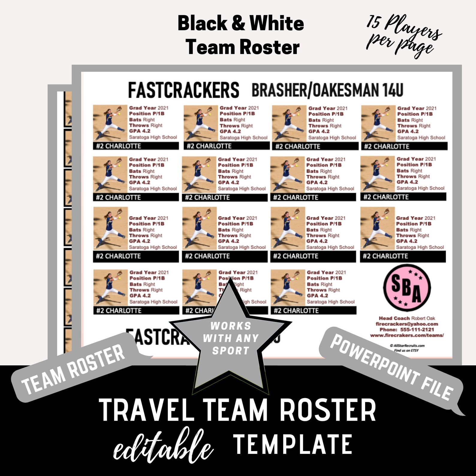 Travel Team Roster Template - Black & White - 15 Players - Etsy
