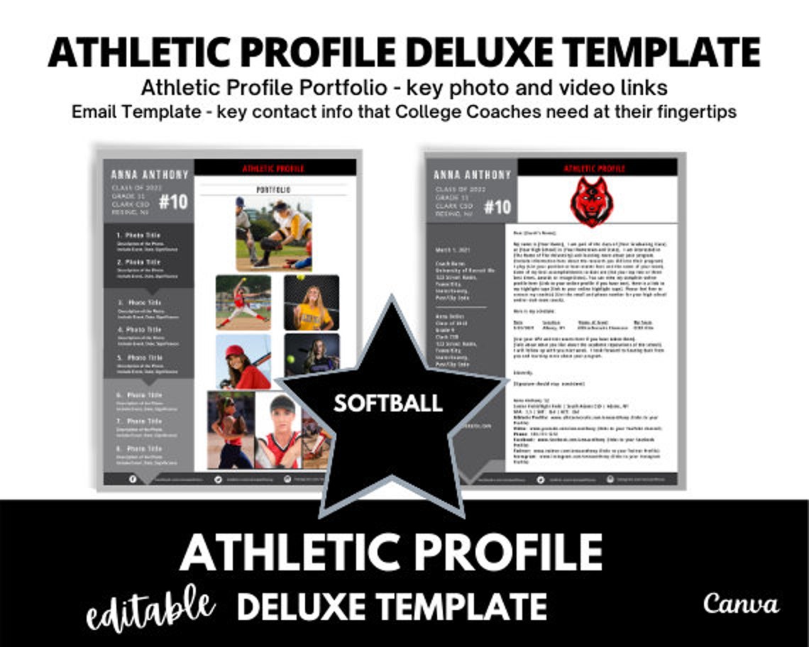 Softball - Athletic Profile Deluxe Template - Black | Editable Athletic ...