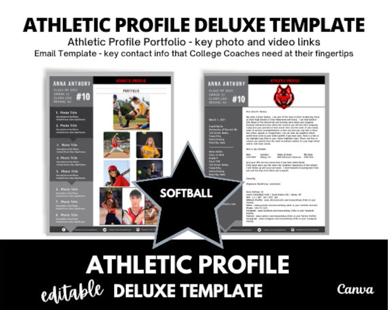 Softball - Athletic Profile Deluxe Template - Black | Editable Athletic ...