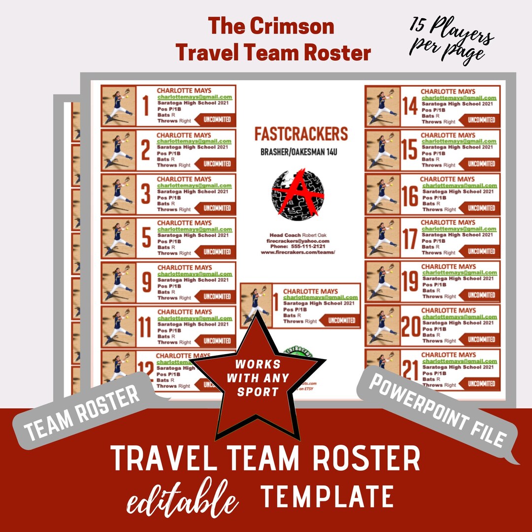 Travel Team Roster Template - the Crimson - 15 Players | Powerpoint ...