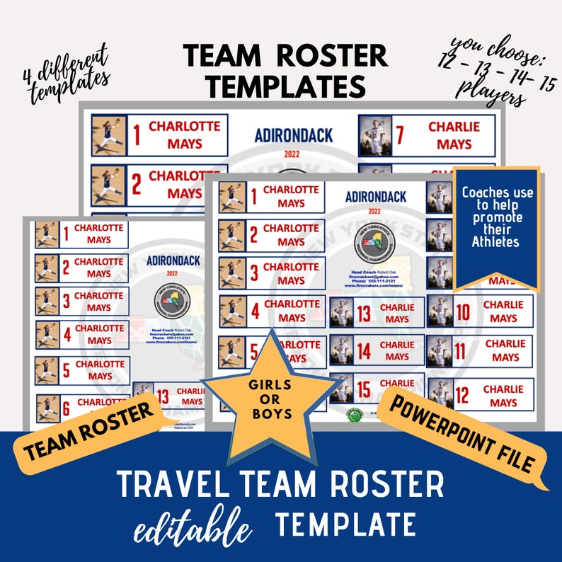 Travel Team Roster Template Red White & Blue 12, 13, 14 or 15 Players ...