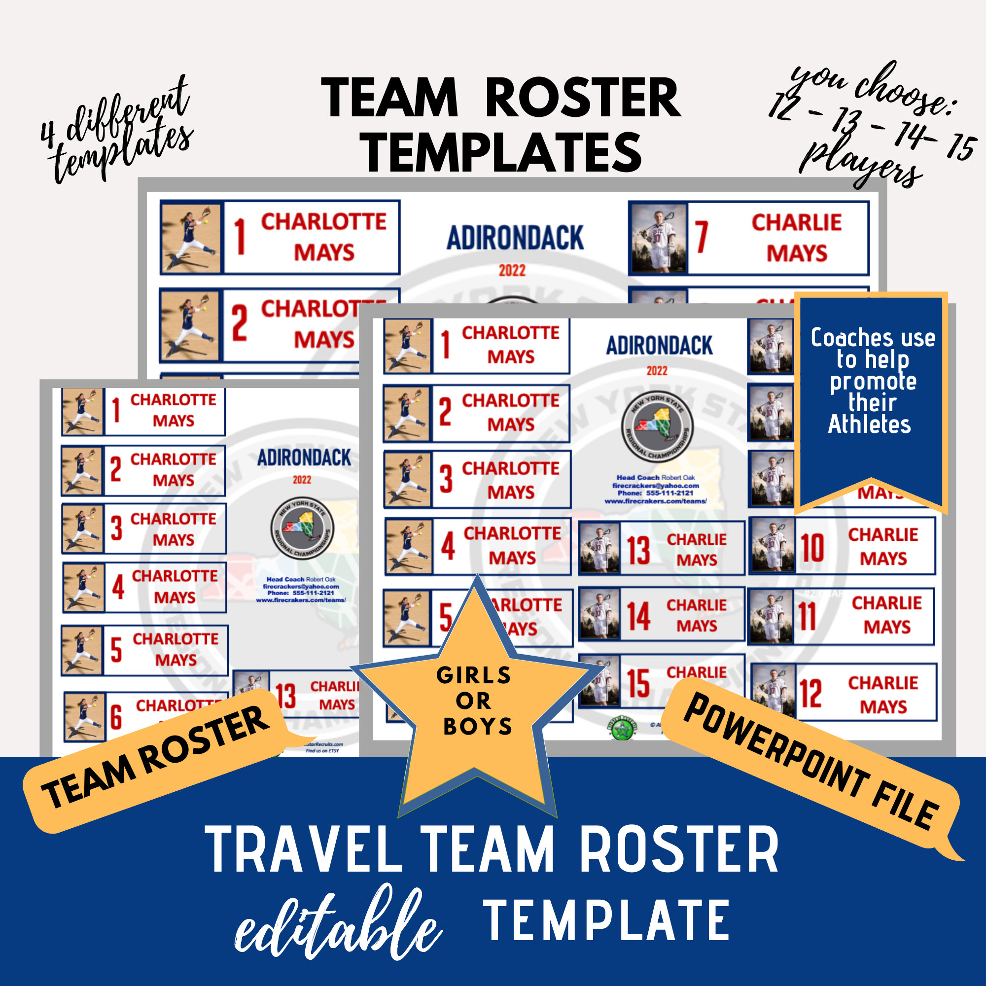 Travel Team Roster Template - Red White & Blue - 12, 13, 14 or 15 ...