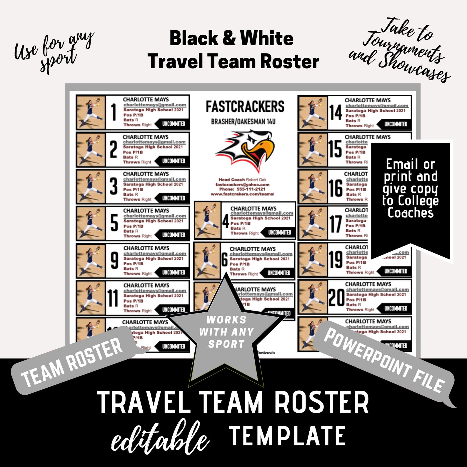 Travel Team Roster Template - Black & White - 18 Players per Page ...