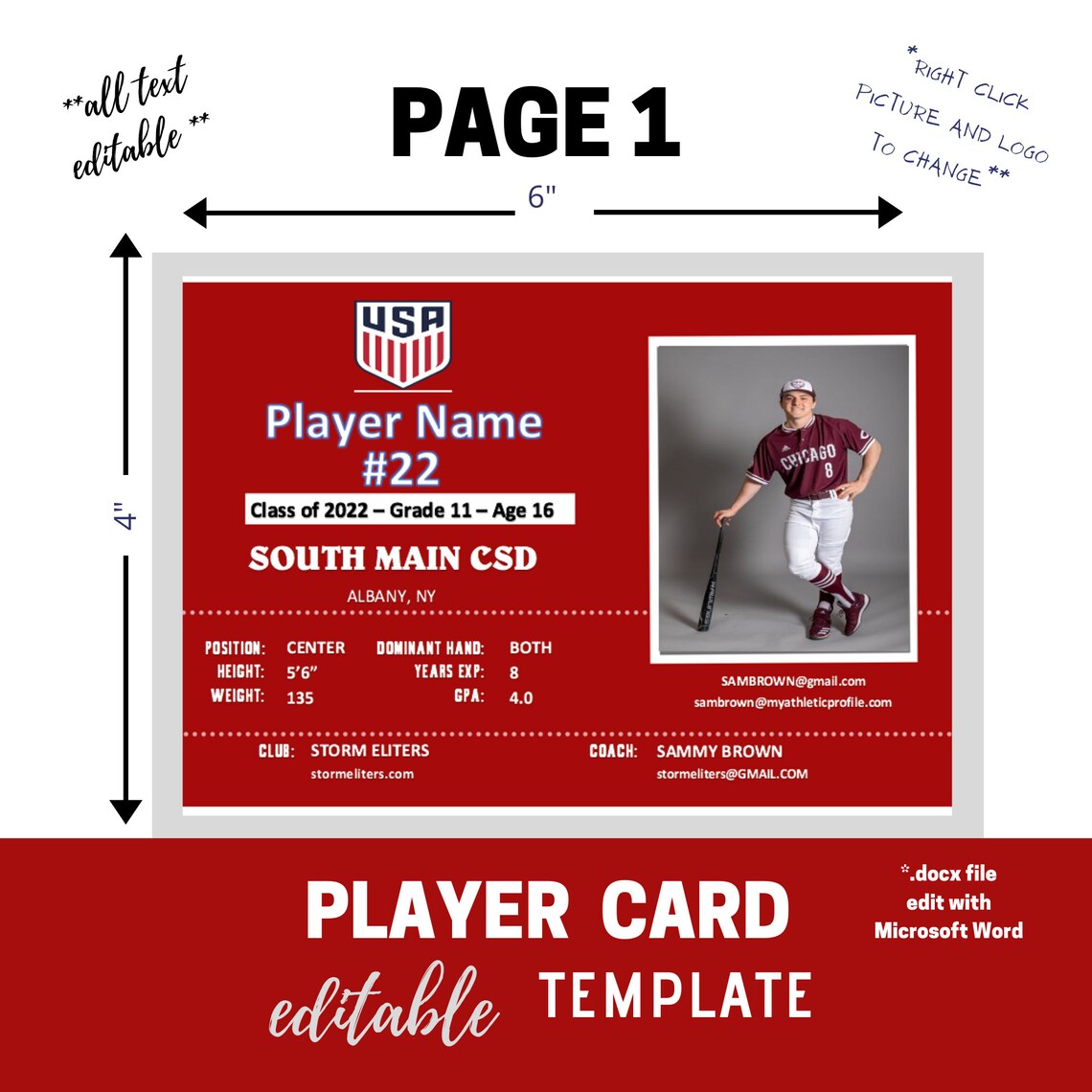 Player Card - Athletic Profile Player Card Template - Red and White ...