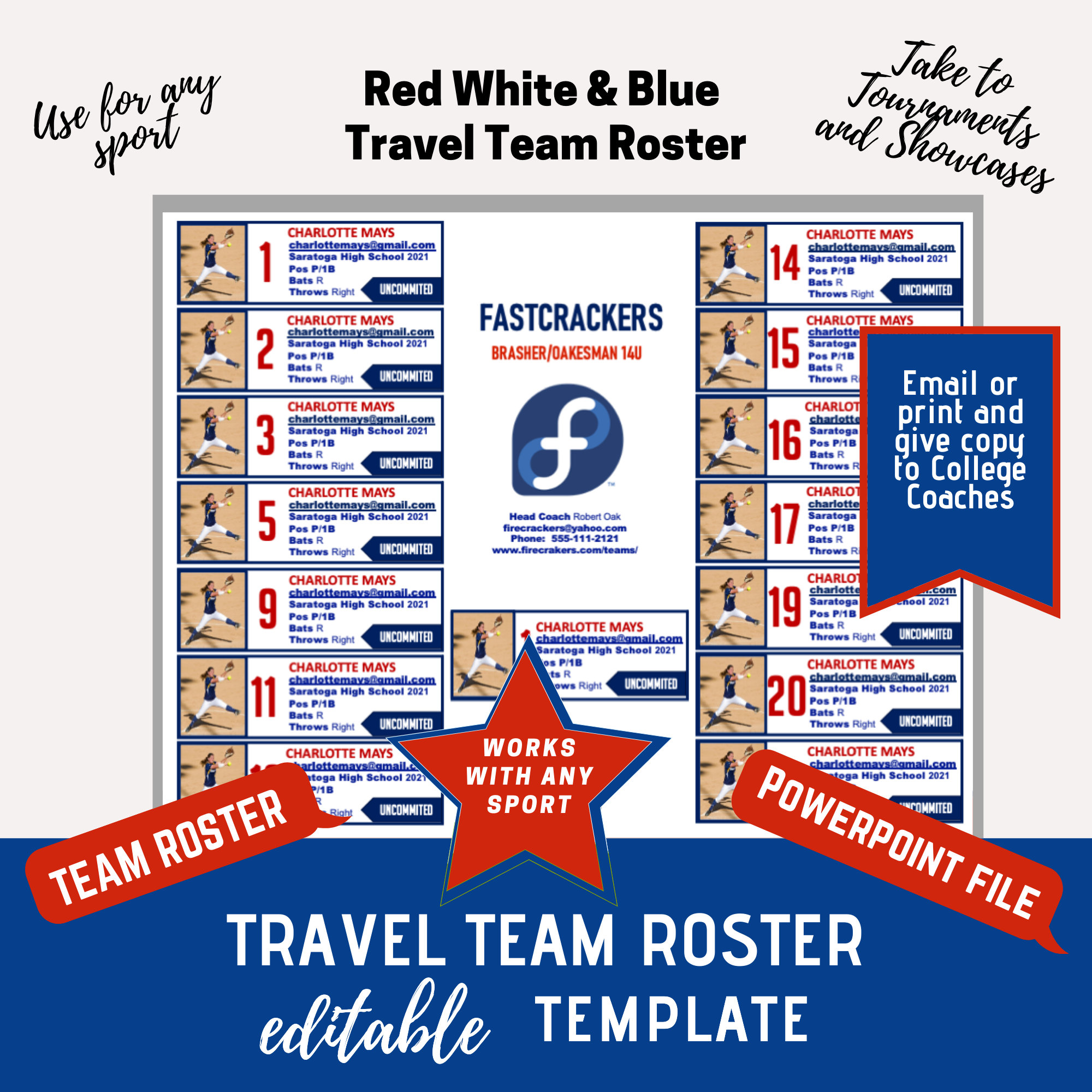 Travel Team Roster Template - Red White & Blue - 15 Players - Etsy