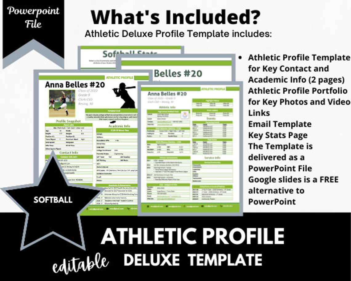 Softball - Athletic Profile Deluxe Template - GREEN - Etsy