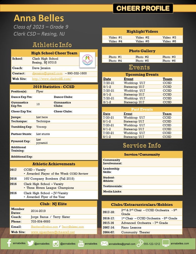 Cheer Profile Deluxe Template - Black & Gold - Etsy