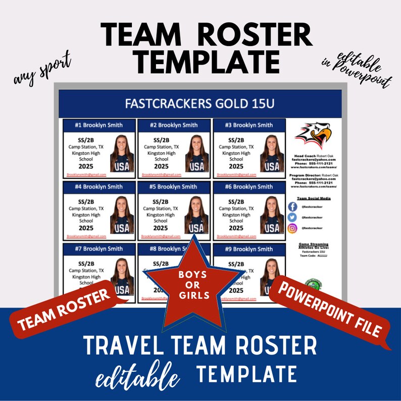 Travel Team Roster Template - Blue - 9 Players per Page | Powerpoint ...