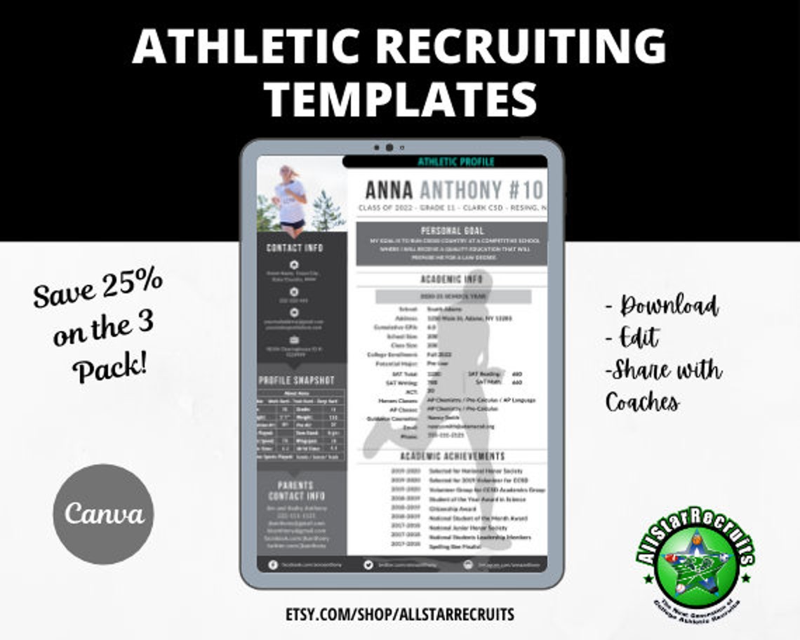 The 3 Pack - Editable Athletic Profile Templates | College Sports ...
