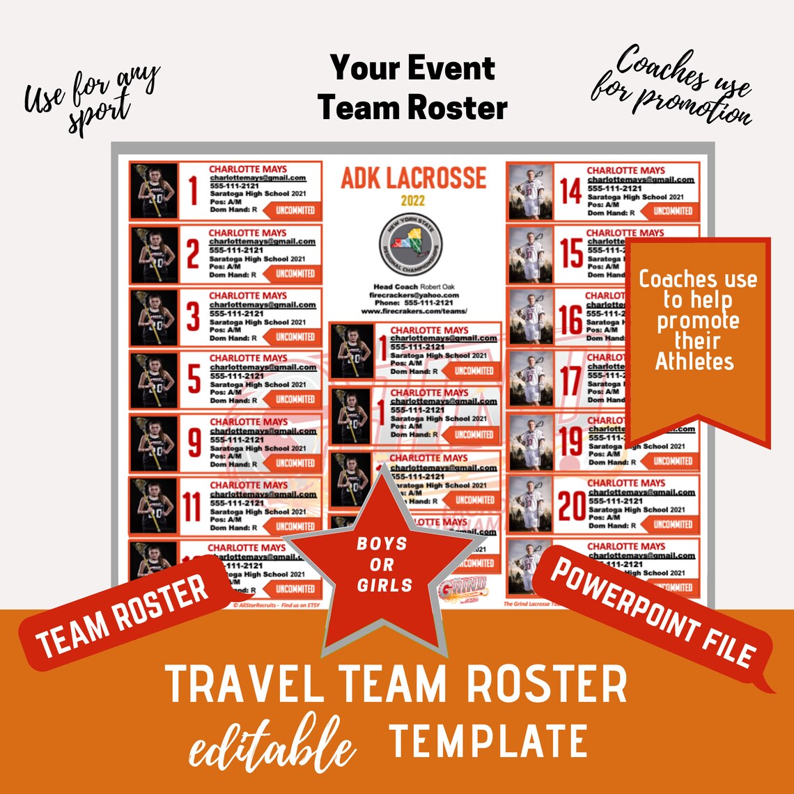 YOUR EVENT Team Roster Template - Orange & Red Grind - 18 Players ...