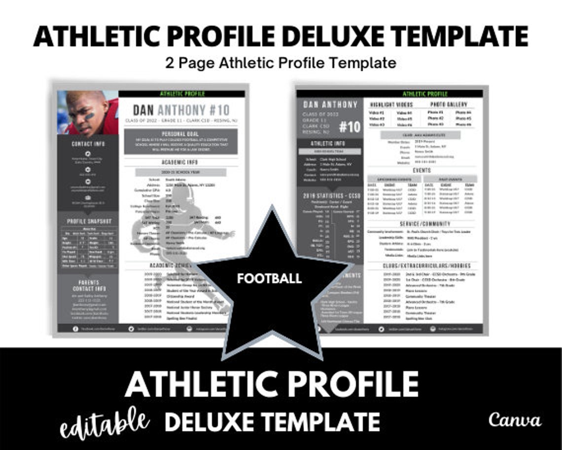 Football Athletic Profile Deluxe Template Black Editable Athletic ...