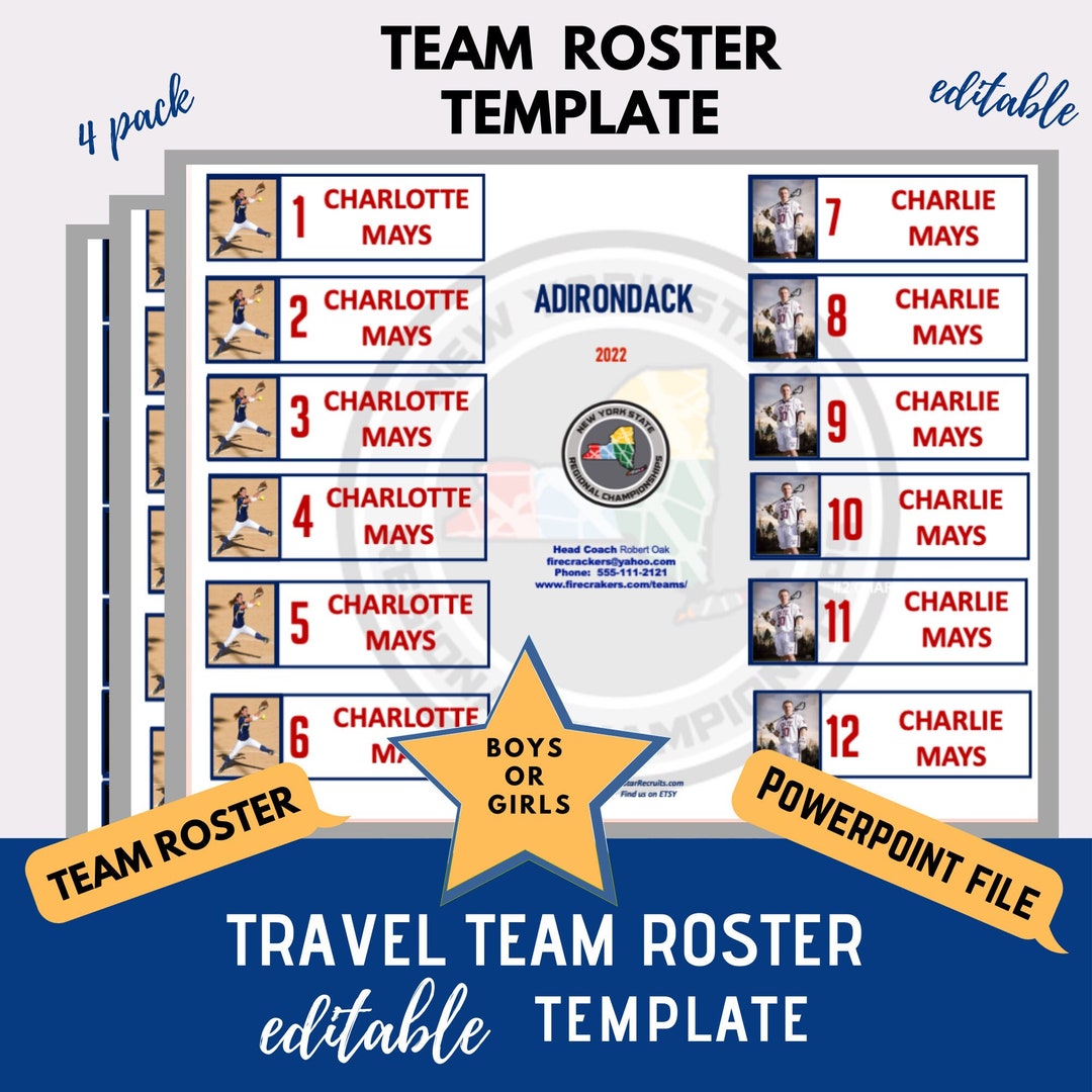 Travel Team Roster Template - Red White & Blue - 12, 13, 14 or 15 ...