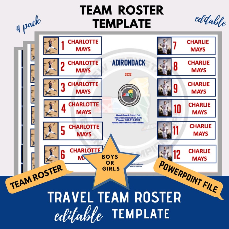 Travel Team Roster Template Red White & Blue 12, 13, 14 or 15 Players ...
