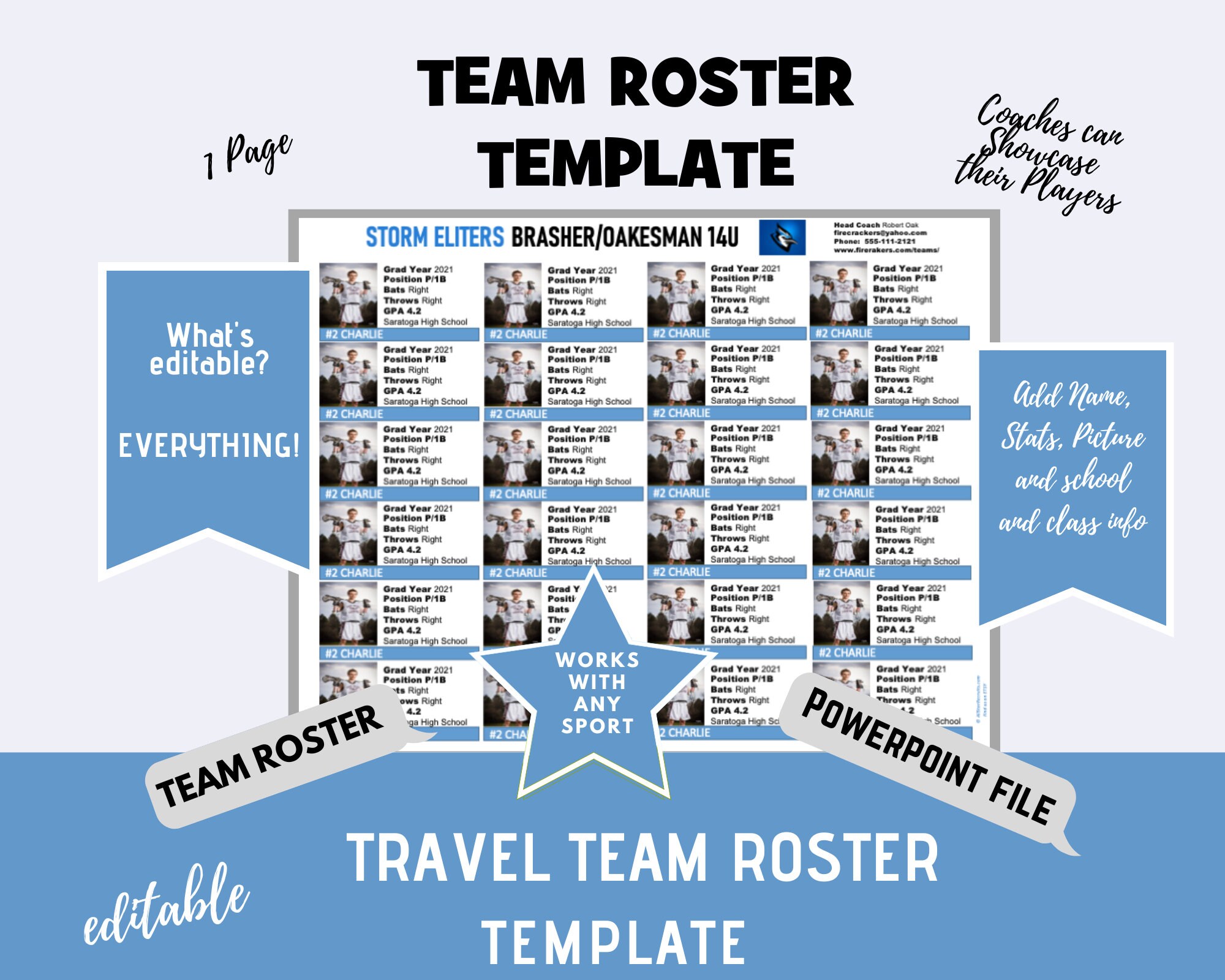 Travel Team Roster Template - Carolina Blue - 24 Players per Page ...