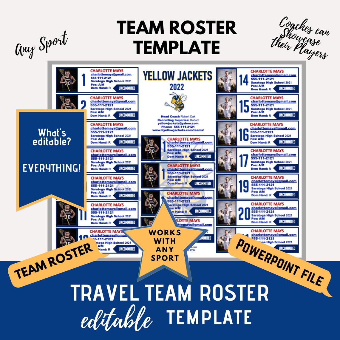 Blue & Gold Team Roster Template - 3 Pack - 18, 24 and 25 Players - Etsy