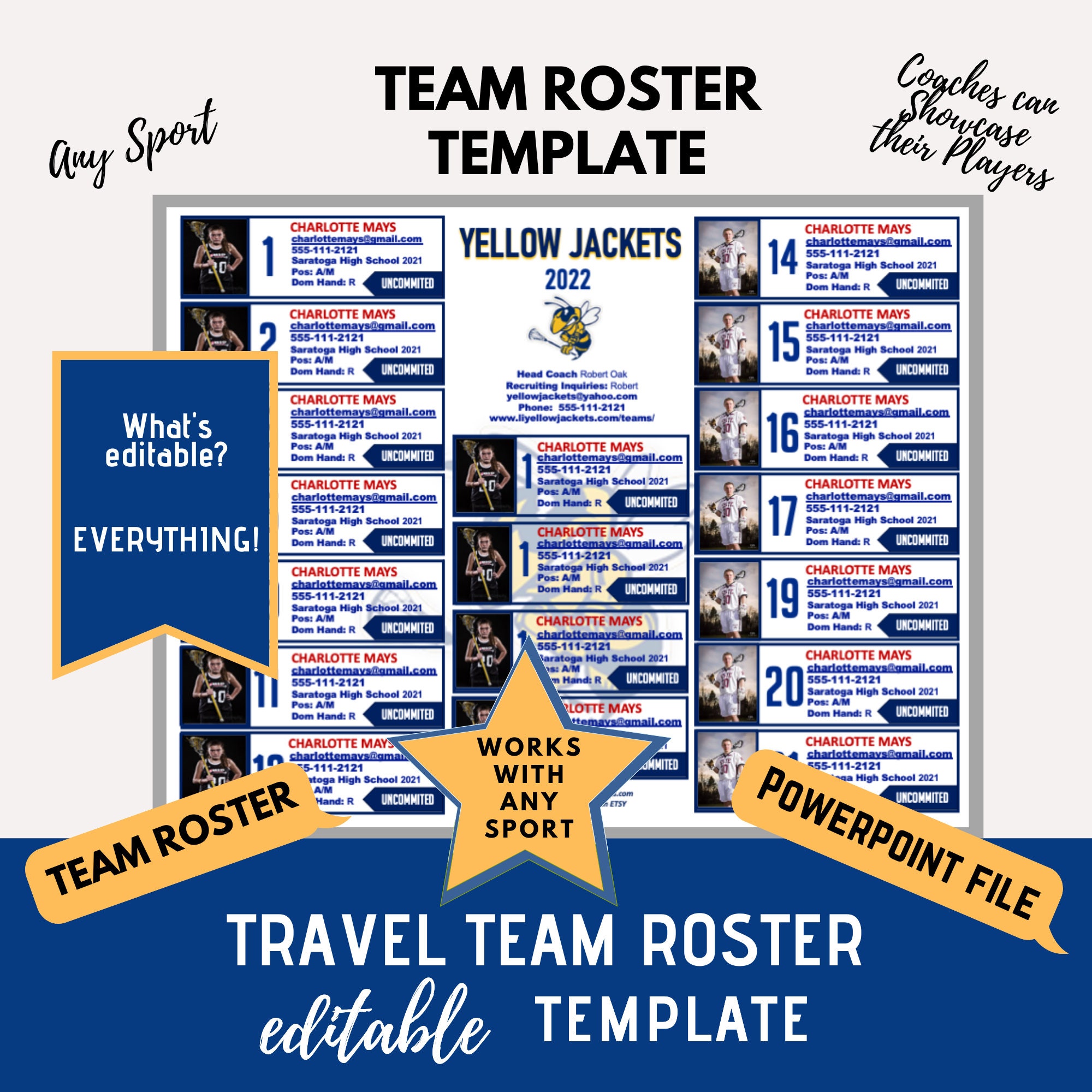 Blue & Gold Team Roster Template - 3 Pack - 18, 24 and 25 Players - Etsy