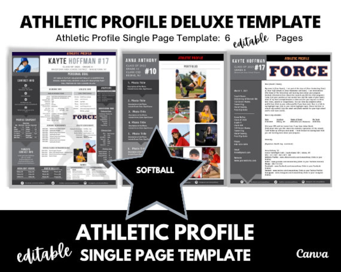 Softball Athletic Profile 1 Page Template Black Editable - Etsy