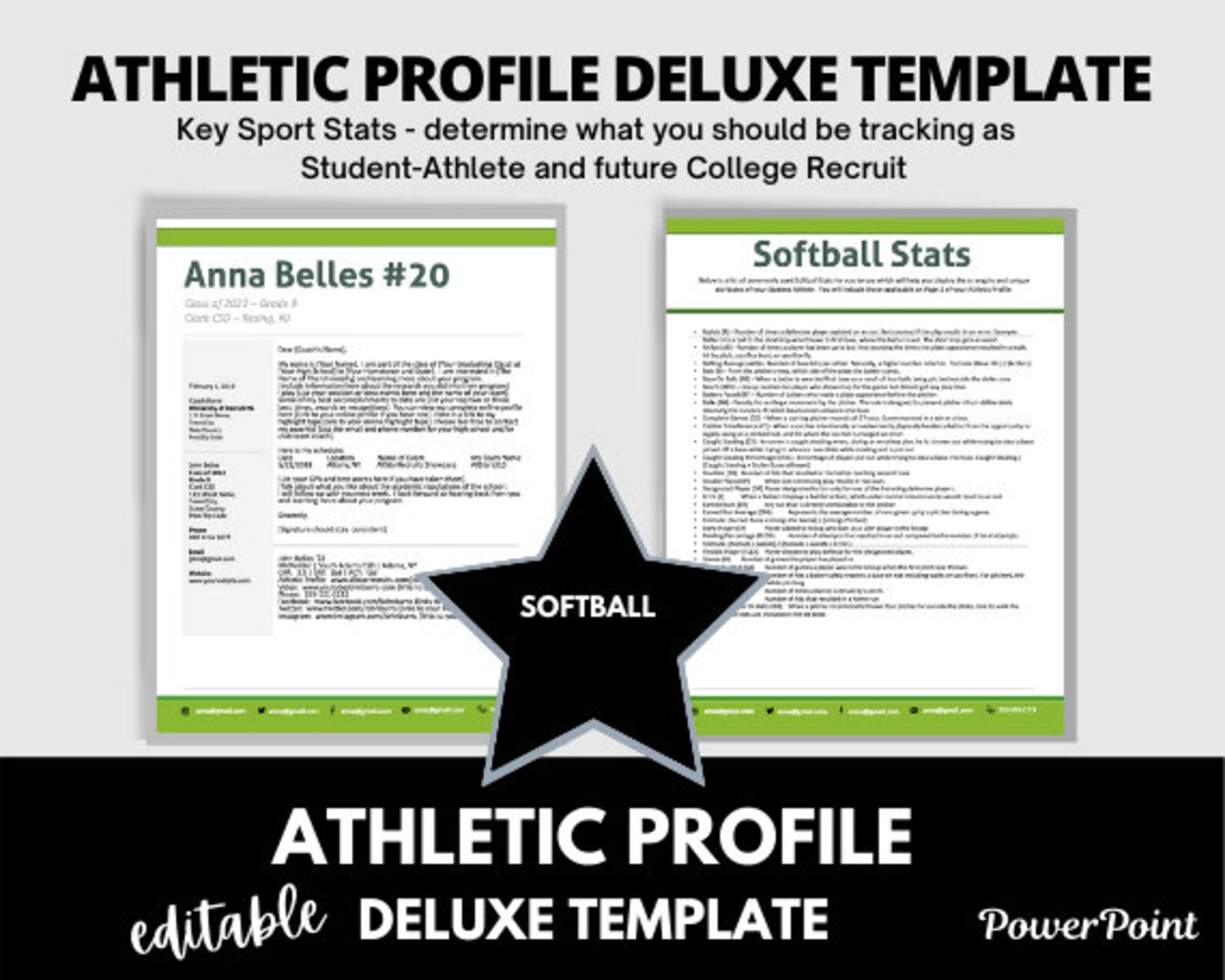 Softball - Athletic Profile Deluxe Template - GREEN - Etsy