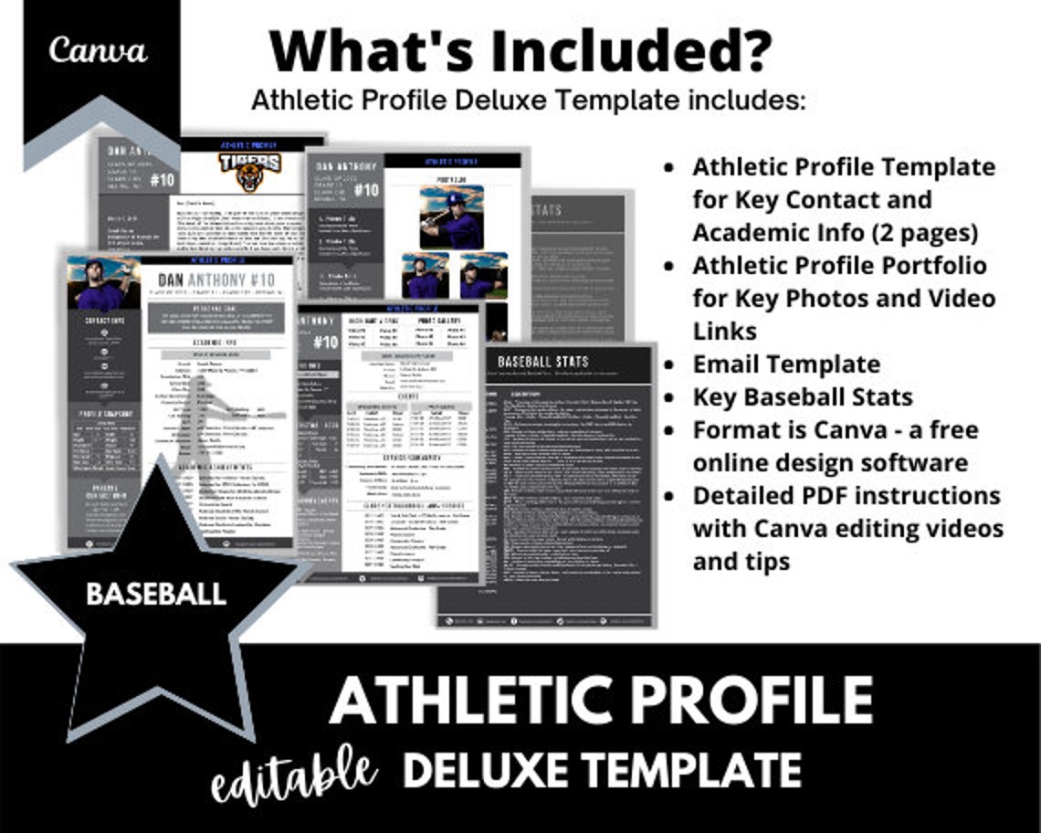 Baseball - Athletic Profile Deluxe Template - Black | Editable Athletic ...