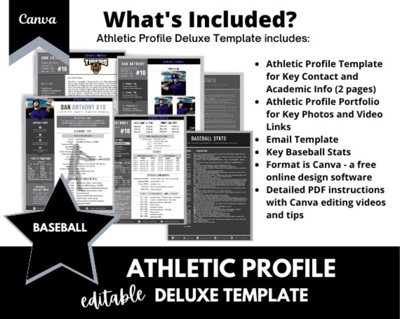Baseball - Athletic Profile Deluxe Template - Black | Editable Athletic ...