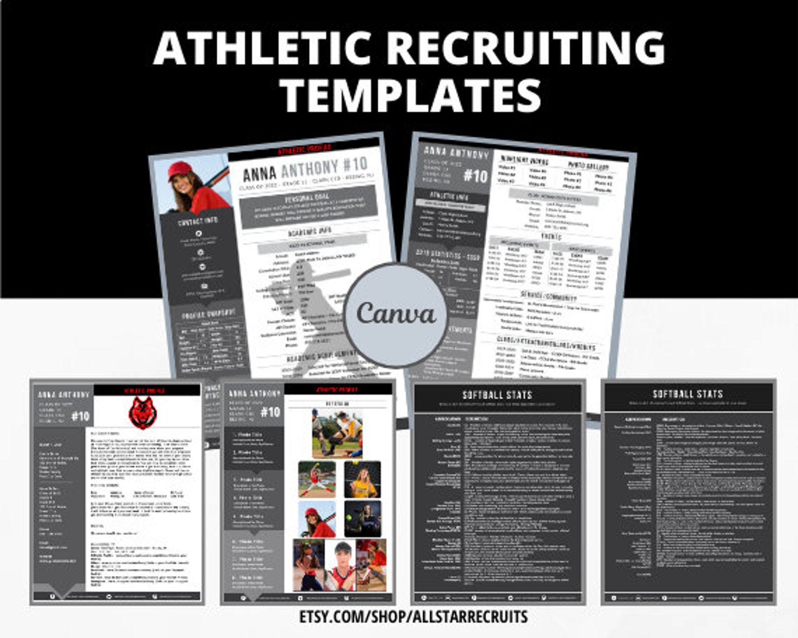Softball - Athletic Profile Deluxe Template - Black | Editable Athletic ...