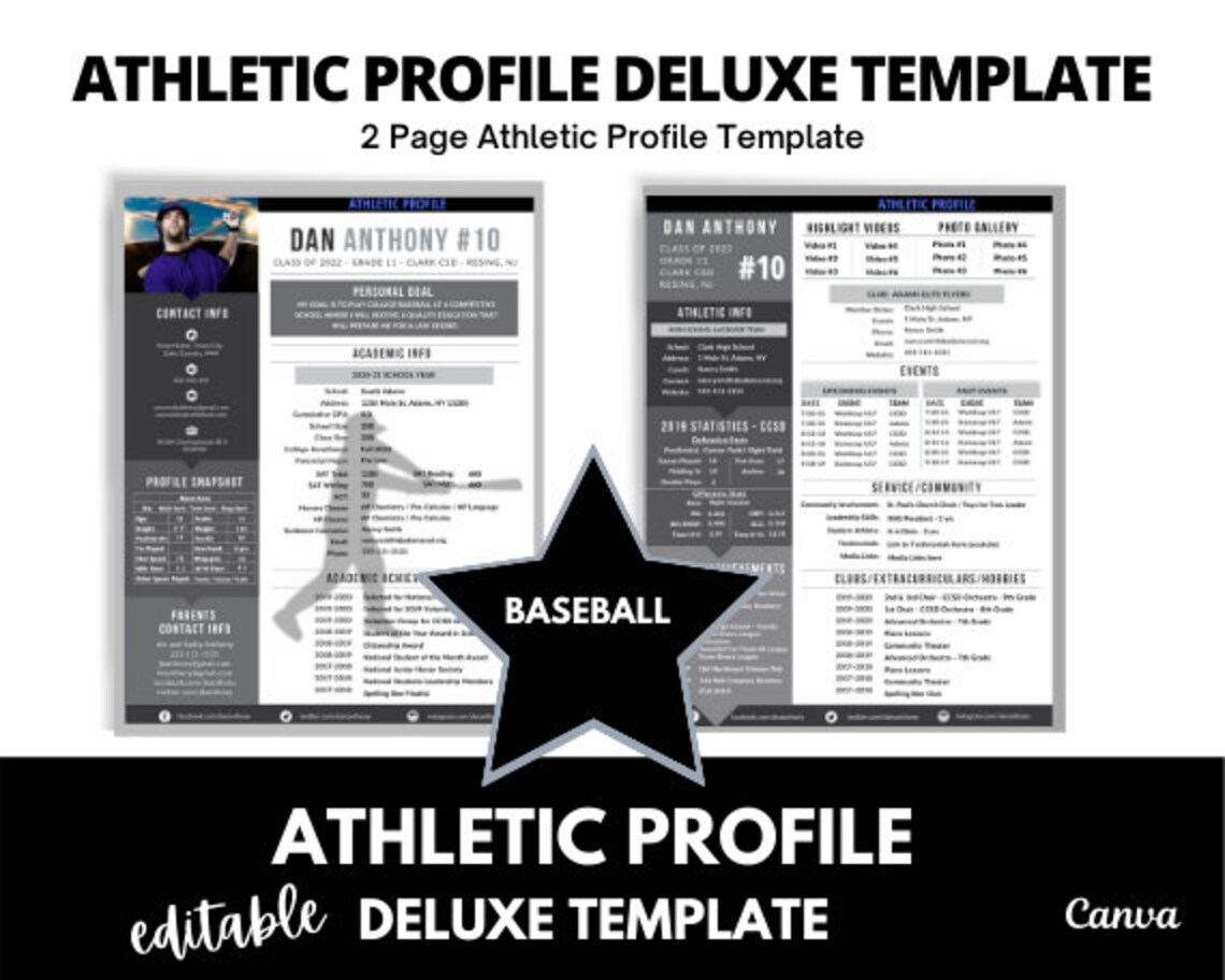 Baseball - Athletic Profile Deluxe Template - Black | Editable Athletic ...