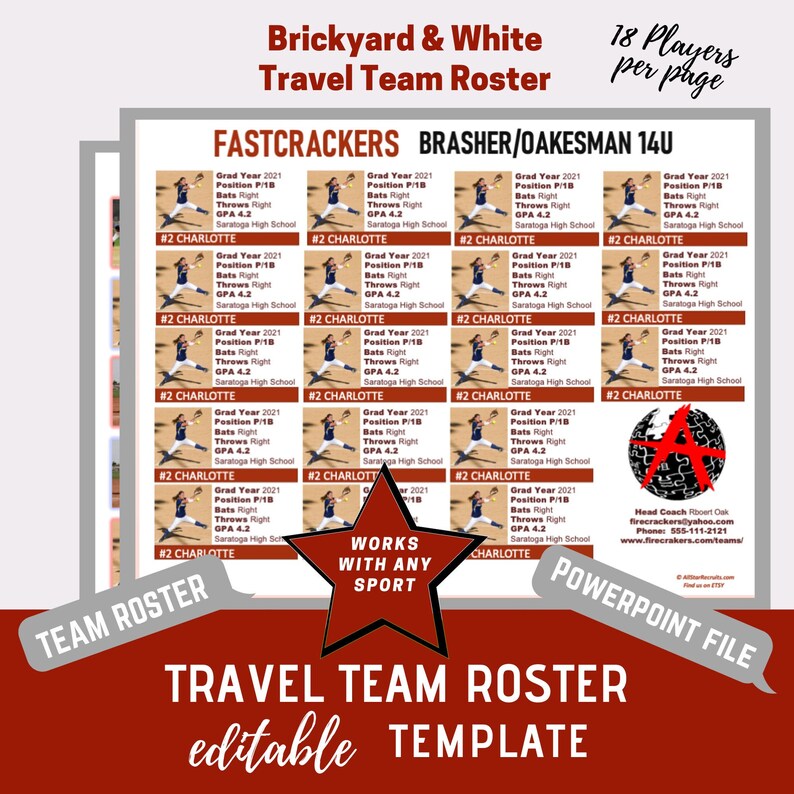 Travel Team Roster Template - Brickyard & White - 18 Players - Etsy